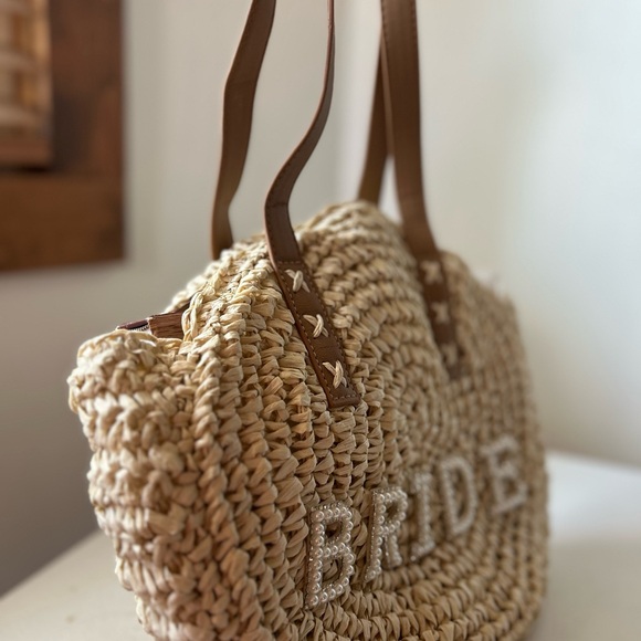 Bags | Natural Straw Tote Bag With Bride Text And Leather Handles ...